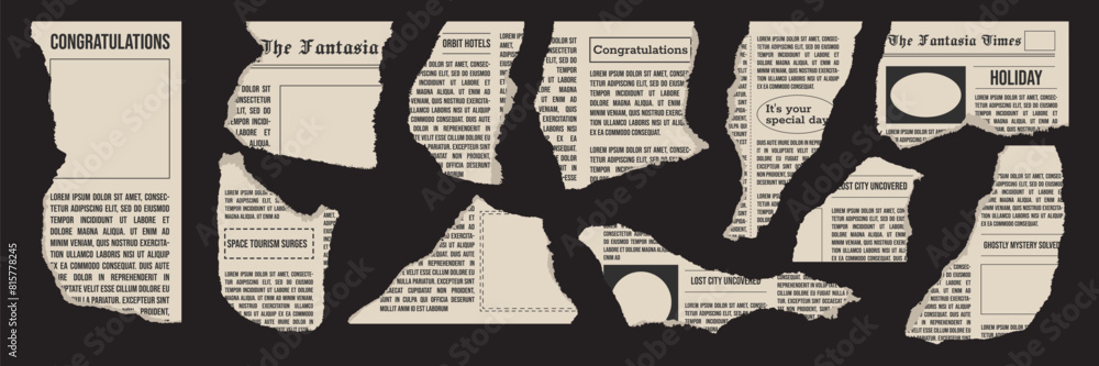 Old Newspaper Clipping Set. Vintage pieces with jagged edges in a ...