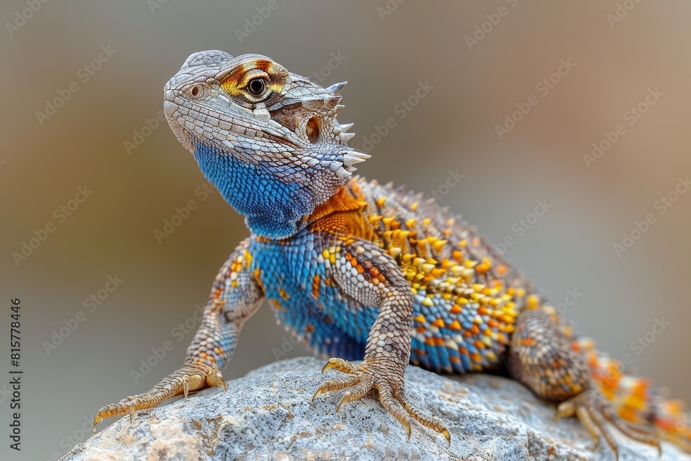 Western Fence Lizard: Basking on a rock with textured skin and blue ...