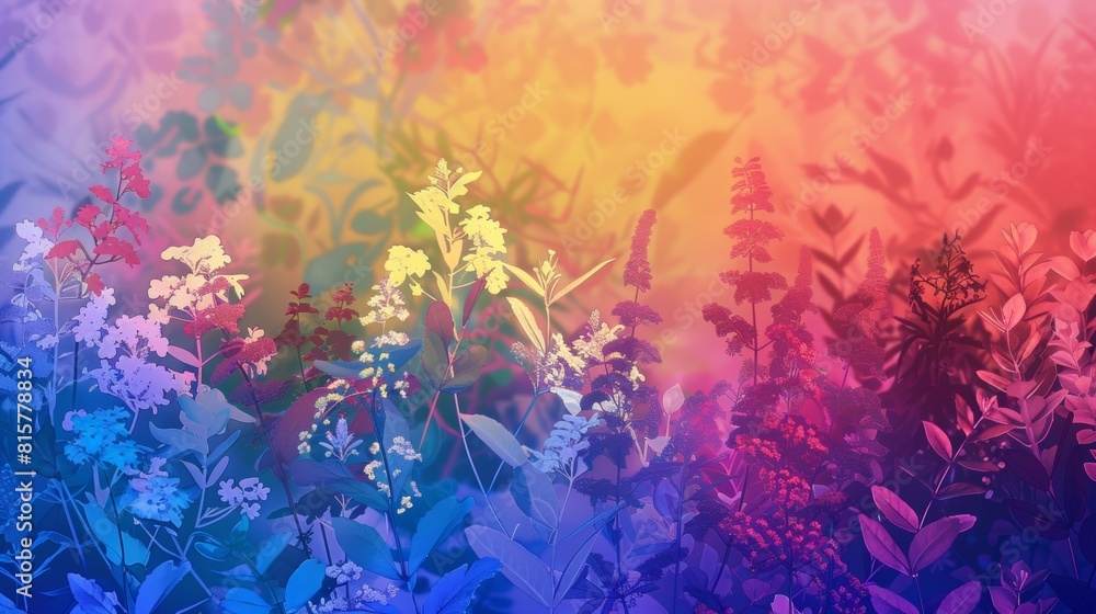 An abstract garden scene where flowers and plants are arranged in the ...