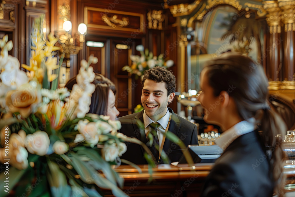 Smiling guests warmly welcomed at the reception of a luxury hotel ...