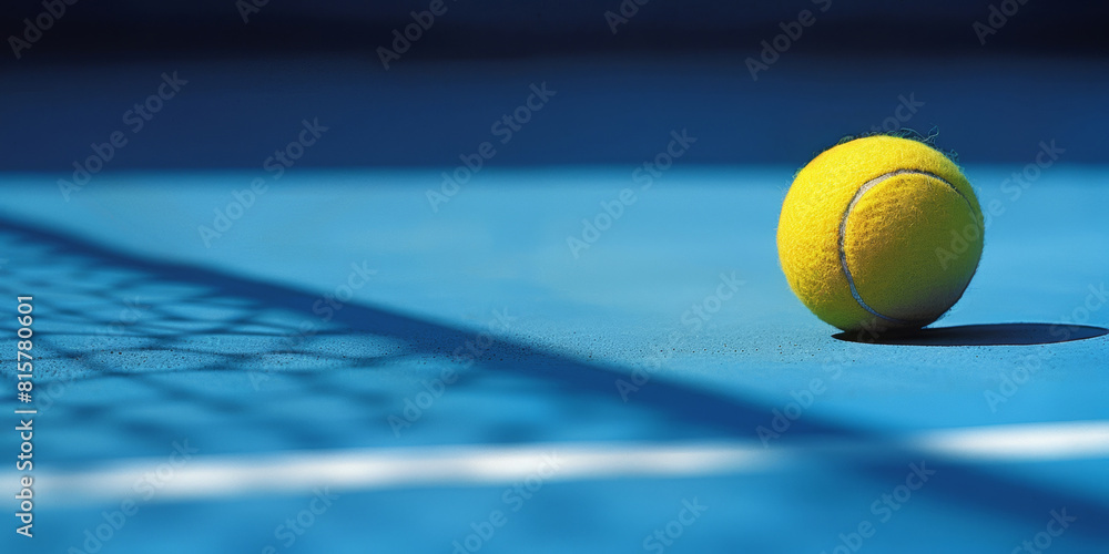 Yellow tennis ball on ground of blue hard tennis court, colorful ...