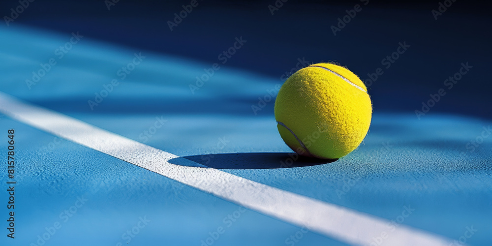 Yellow tennis ball on ground of blue hard tennis court, colorful ...