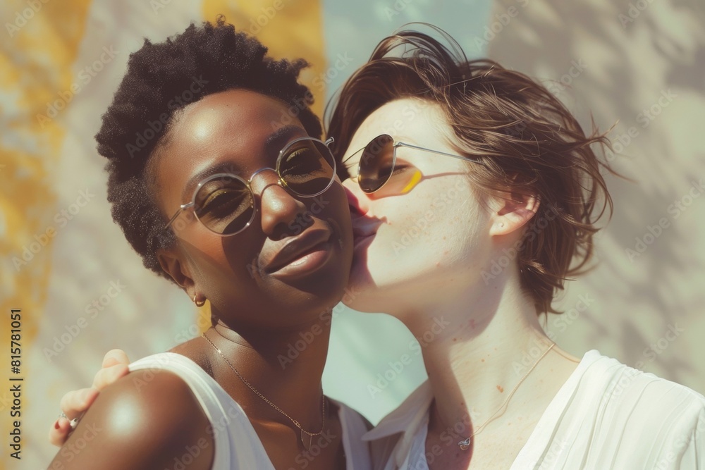Lesbian couple kissing on pastel background. Young attractive caucasian and african american ...