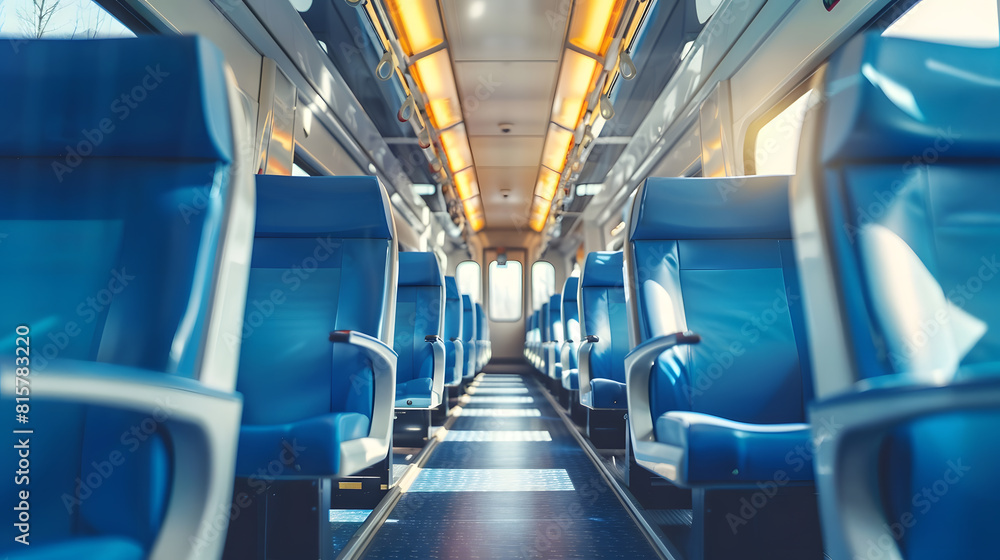 Foto de Empty cabin of a modern passenger train Empty blue seats inside ...