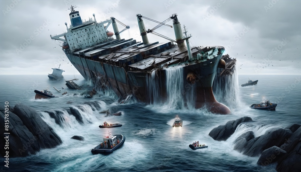 Gigantic cargo ships perilously wrecked on rocky shores, with rescue ...
