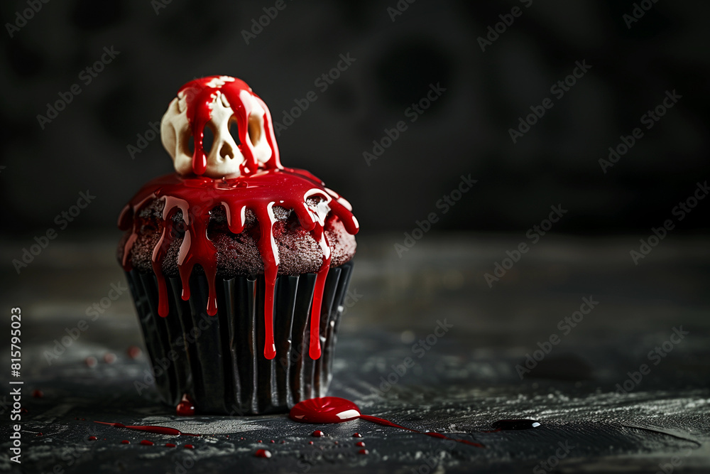 Cream frosting chocolate cupcake with white bone fondant faux fake red ...
