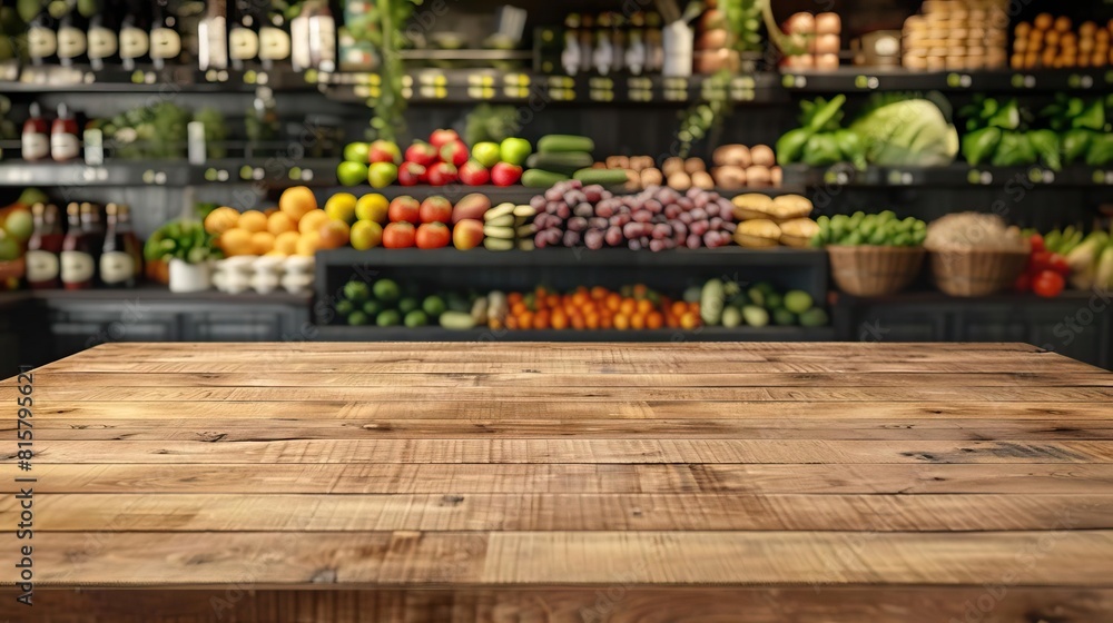 Wooden tabletop set against the engaging backdrop of a grocery store ...
