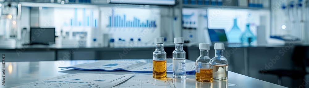 Laboratory setup with charts and graphs, chemical vials on a table ...