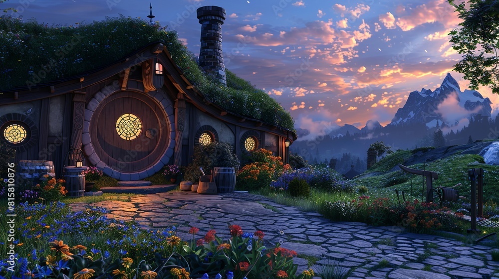 photorealistic night time hobbit shire village with houses in the shire ...