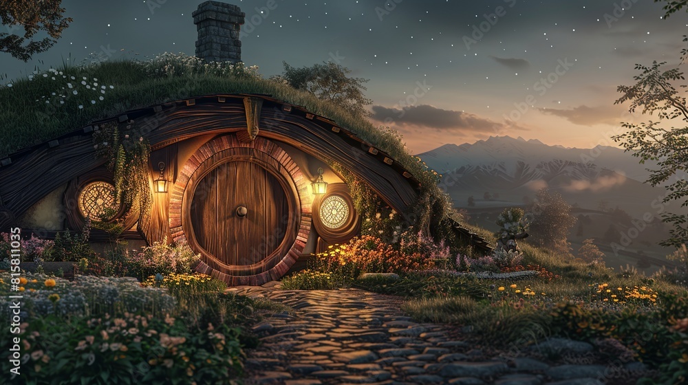 photorealistic night time hobbit shire village with houses in the shire ...
