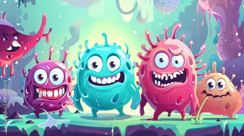 Modern web banner with fun bacteria cartoons. It contains a cute virus ...