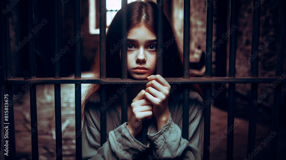 Young charming girl the teenager with long hair sitting behind bars in ...