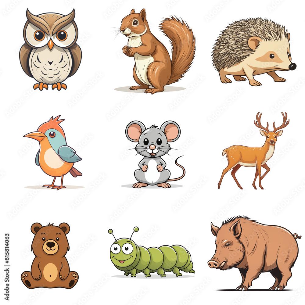 Collection of forest animals in cartoon style against transparent ...