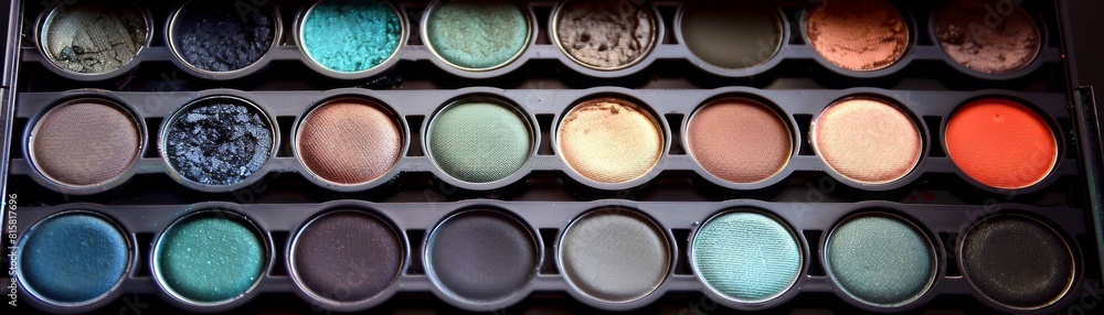 Professional makeup eyeshadow palette featuring a spectrum of colors in ...
