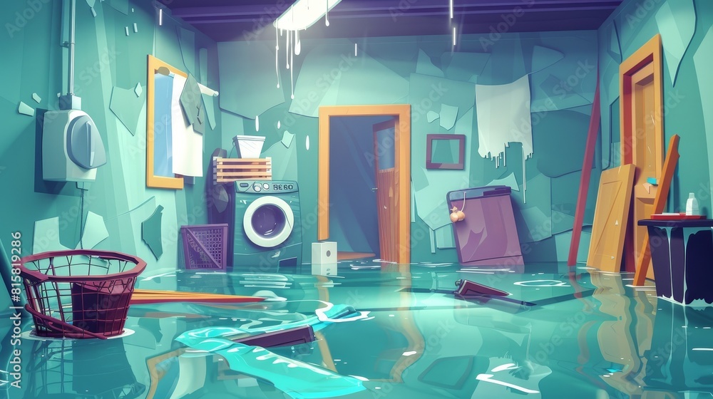 The washer has flooded the laundry room. The basement floor has been ...