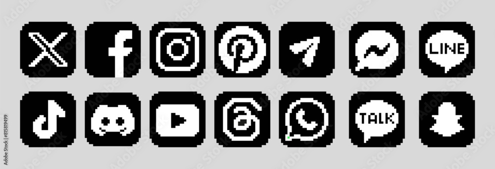 Collection set popular social media icons in pixel art style, vector ...
