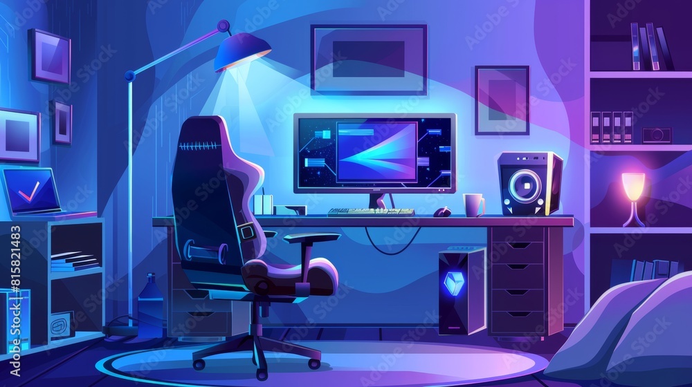 A night room with a desk and armchair in a cartoon interior. A boy teen ...