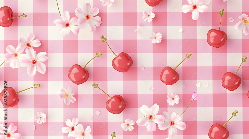 Cute cherry pattern on pink background, small white flowers, pink and ...