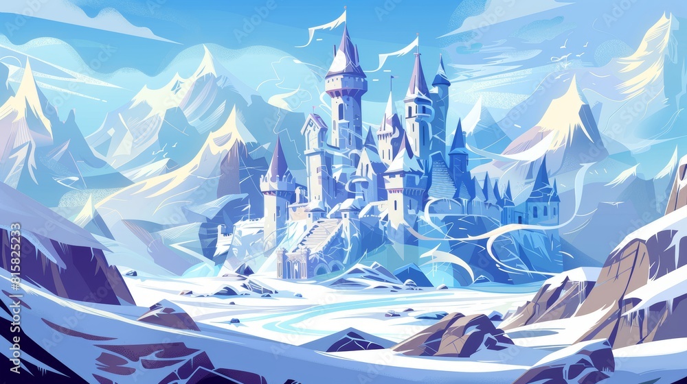 Castle in medieval style on a winter mountain landscape. Modern ...