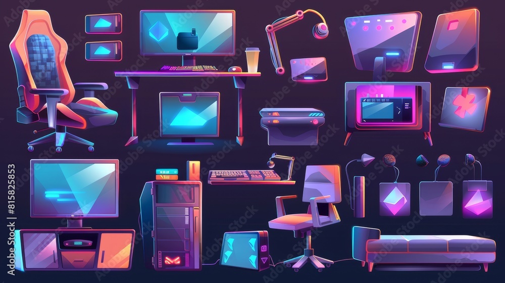 Various elements of a gamer's room design isolated on white background ...