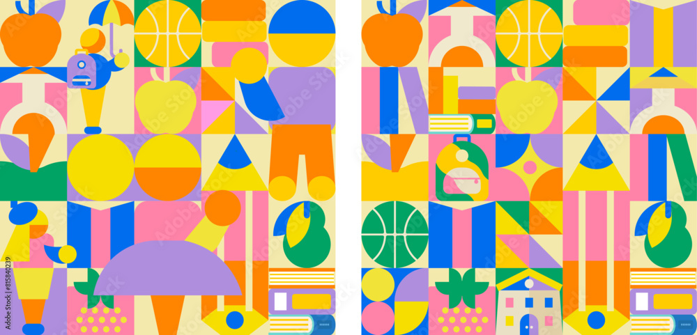 2 school patterns in mosaic style. Bright, childish design with ...