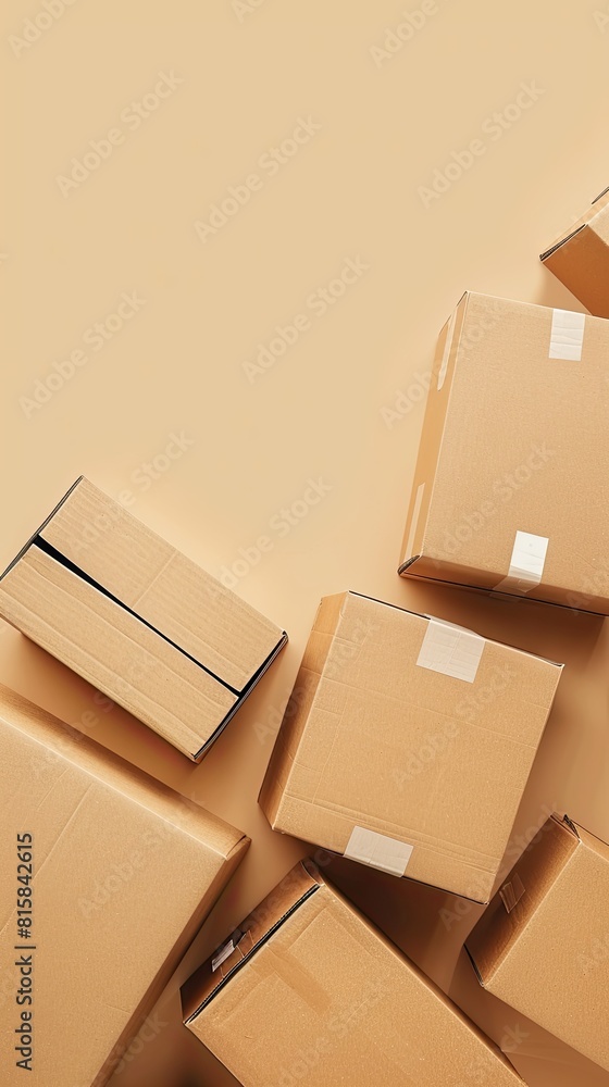 scattered brown cardboard boxes against a beige background, leaving ...