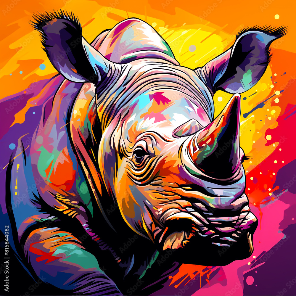 Fascinating drawing of a rhino in full color, bright colors. Stock ...