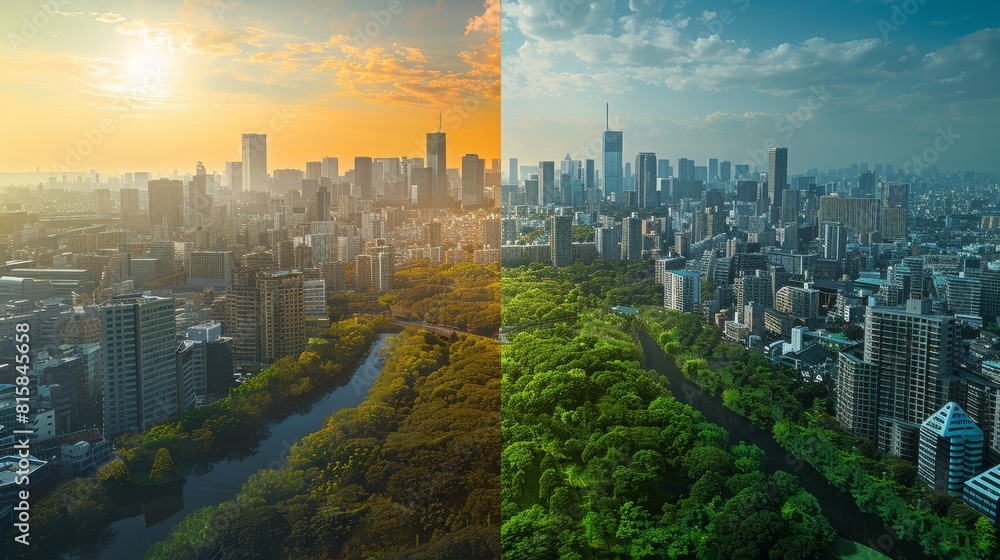 A before-and-after image of a city skyline with one side showing ...