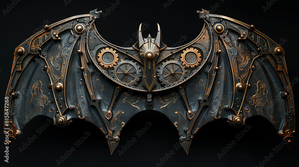 Bat wings formed from interlocking gears etched with mystic symbols ...