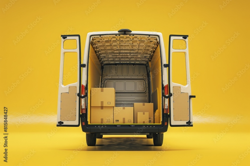 Back view of delivery van, empty trailer with cardboard boxes on the ...
