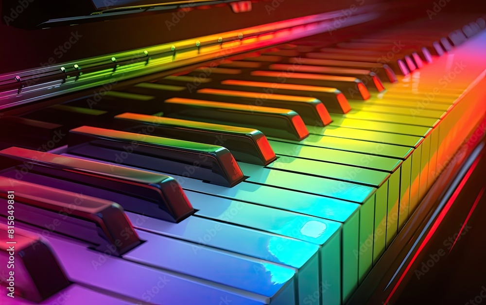 Colorful piano keys glowing in a spectrum of rainbow shades. Stock ...