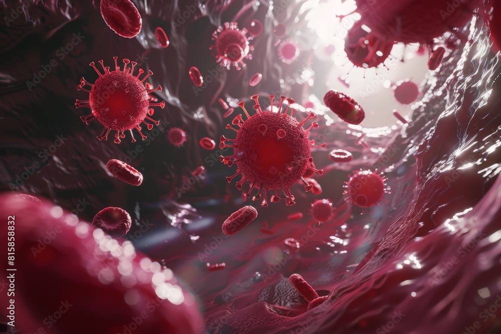 Body health science bacteria, virus and Red infecting blood cells in ...