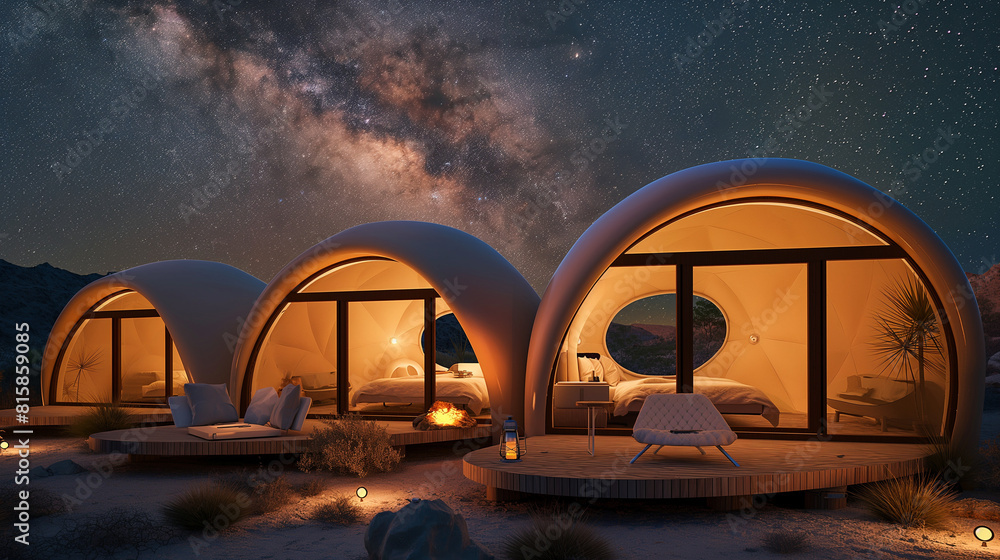 cylindrical hotel rooms with glass windows and doors under a starry ...