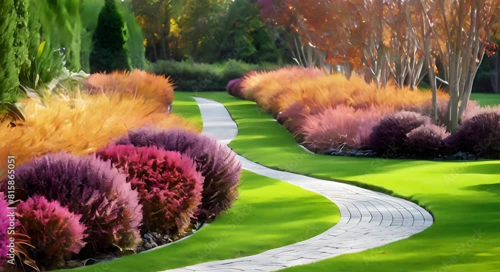 Intersecting Bright Green Lawns and Colorful Shrubs Along a White Brick ...