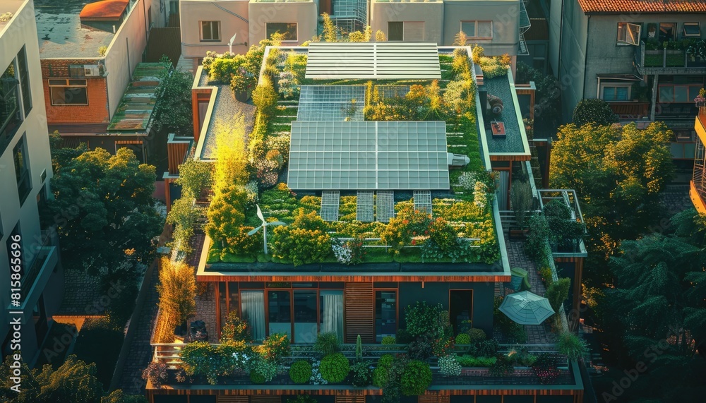 Green rooftop with solar cells and small wind turbines, top view, urban ...
