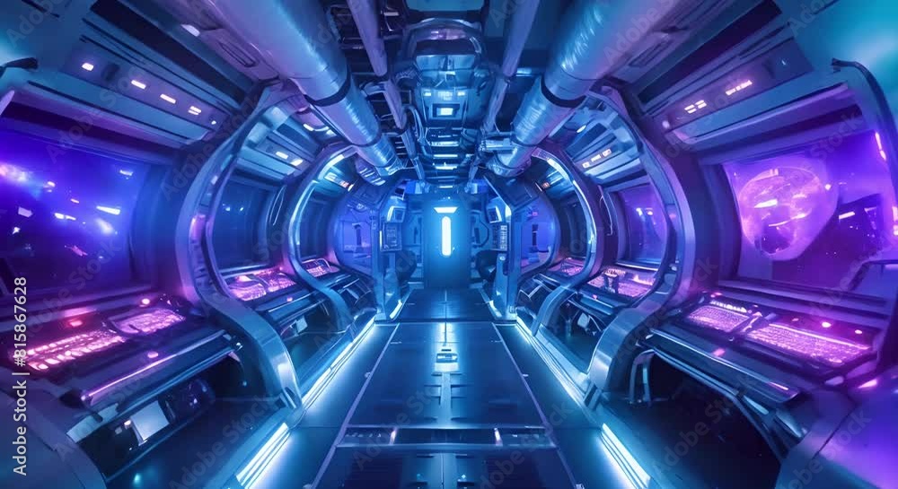 Space station interior with control rooms zero gravity zones and ...