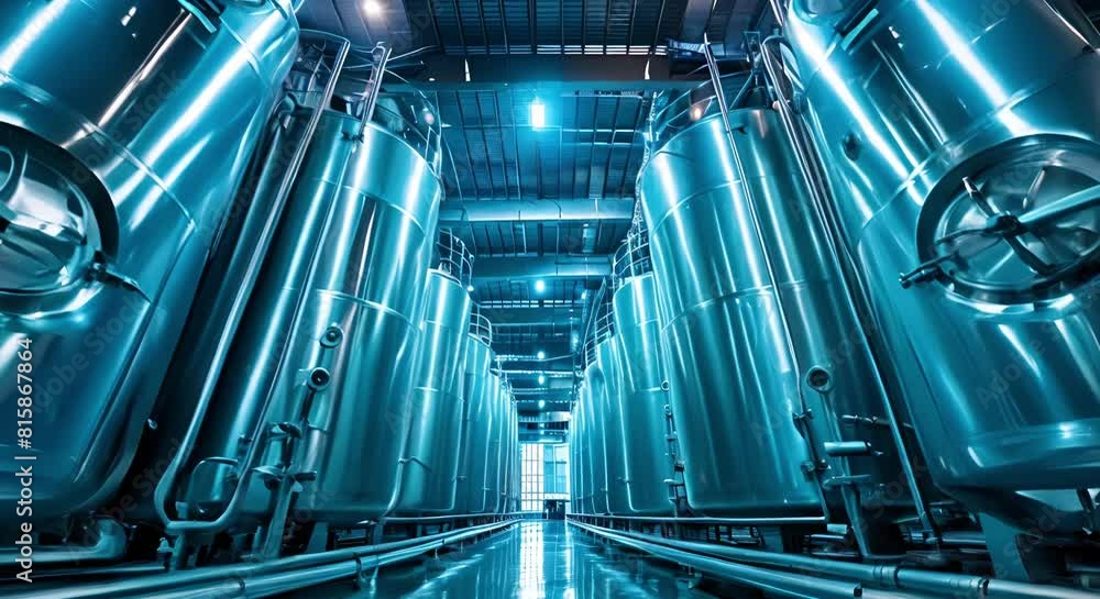 Steel fermentation tanks in modern alcohol production factory hall ...