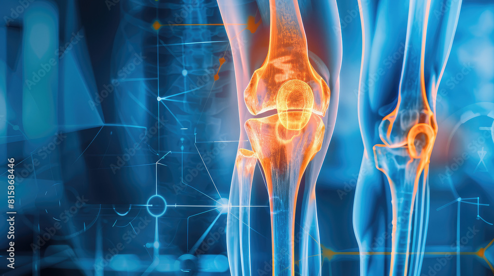 High-tech computer model of a leg with an inflamed knee joint. X-ray of ...