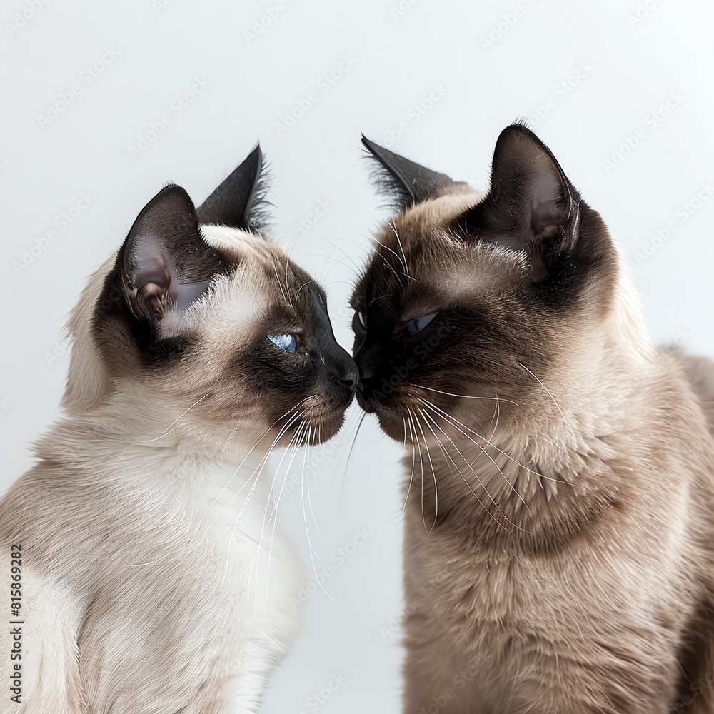 Two Siamese cats nose to nose, showing affection, white background ...