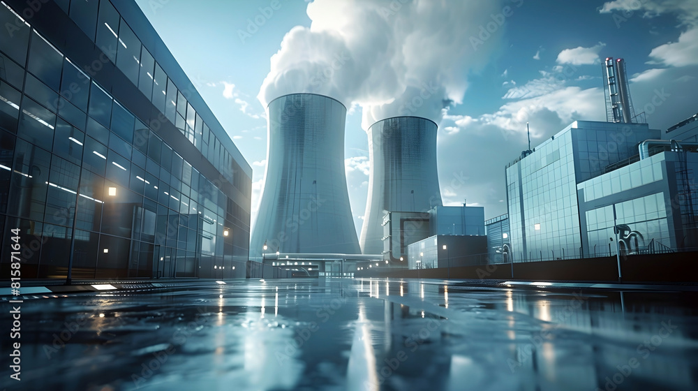 Majestic Nuclear Power Plant Skyline:Towering Cooling Towers and Sleek ...