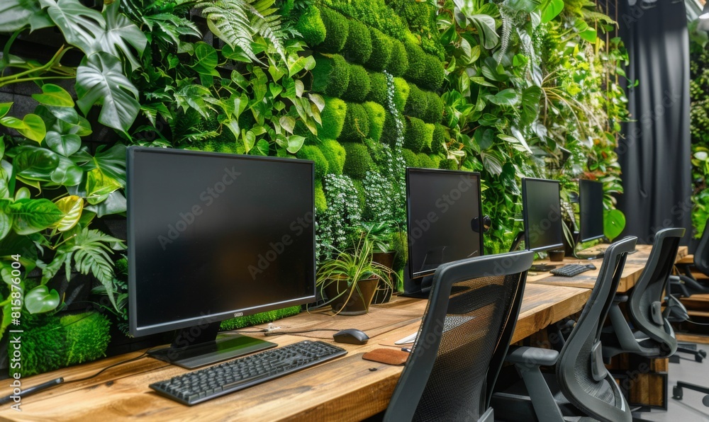 inside of office lot computer and desk team with vertical garden on the ...