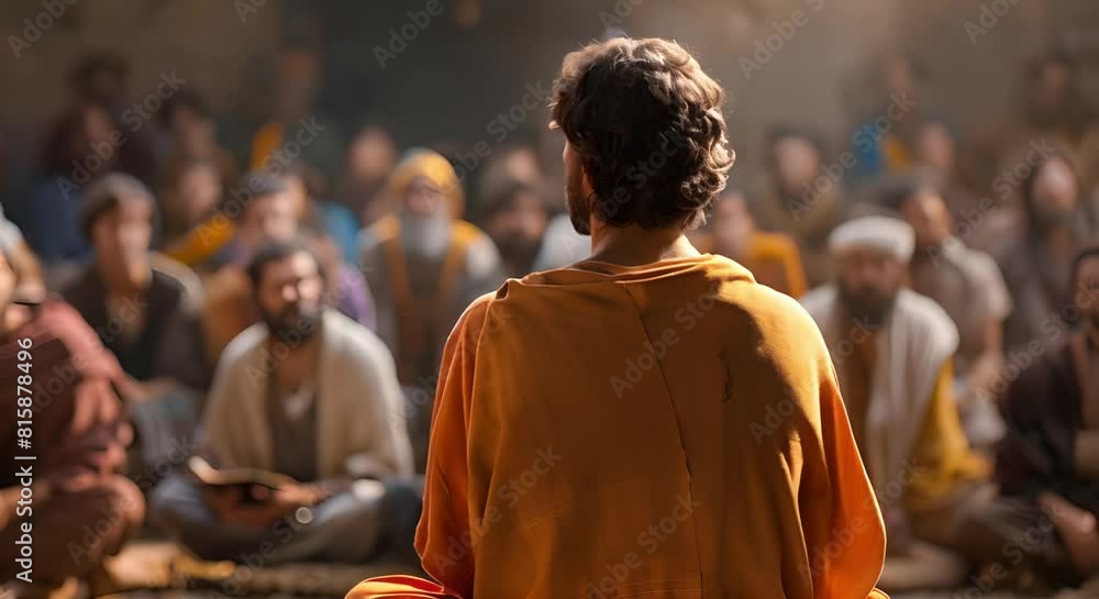 Back view of Jesus teaching disciples or people in biblical setting ...
