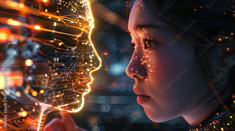 Female silhouette with futuristic digital face mapping. Close-up studio ...