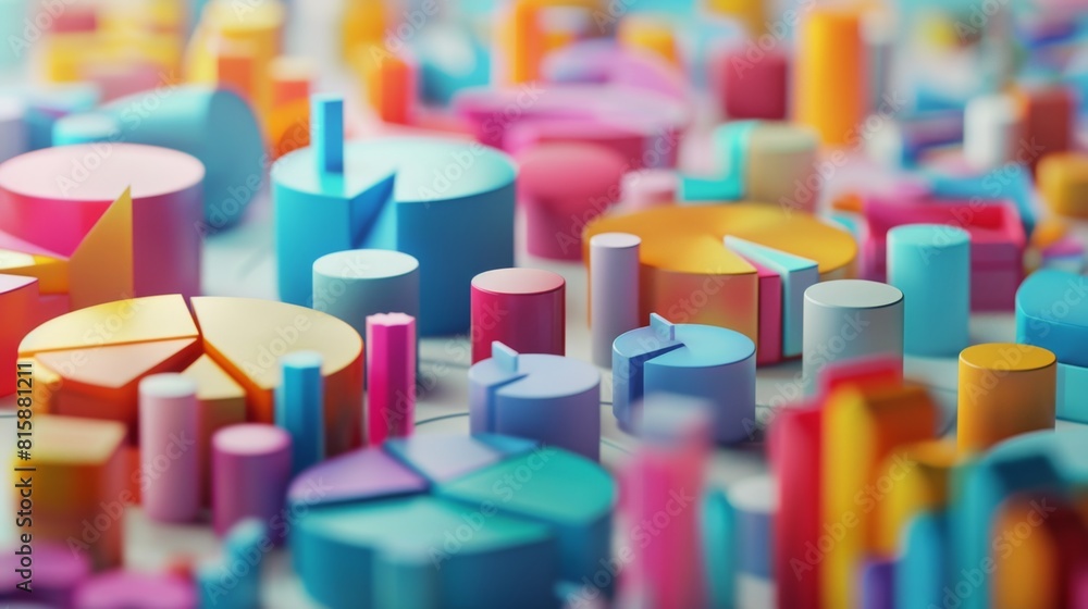 3D rendering of colorful pie charts floating in a digital landscape ...