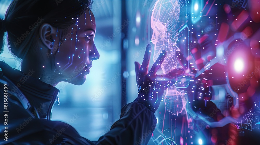 Female silhouette with futuristic digital face mapping. Close-up studio ...