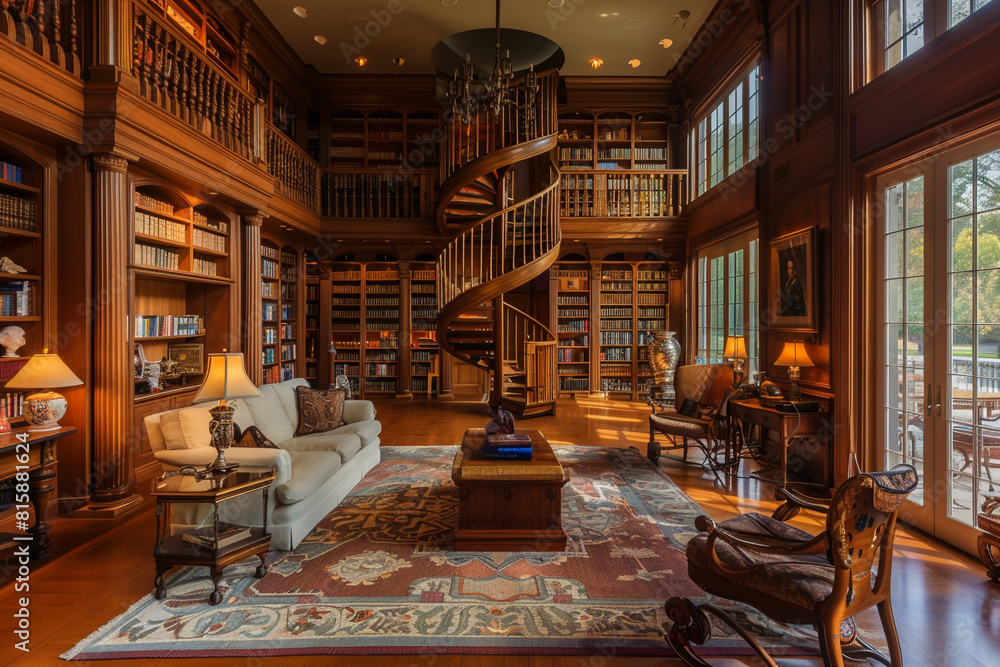 Grand mansion interior featuring a two-story library with a spiral ...