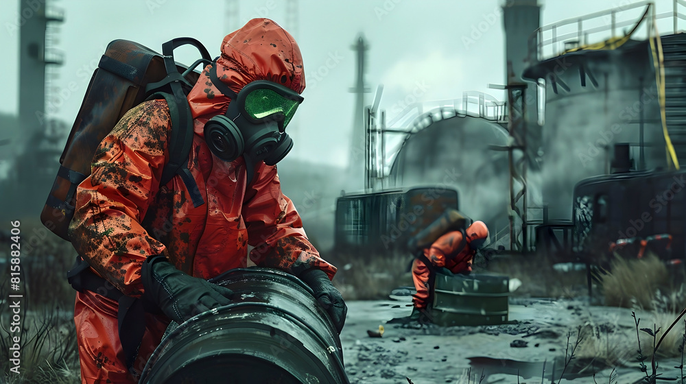Worker in Hazmat Suit Disposing of Radioactive Waste in Dystopian ...