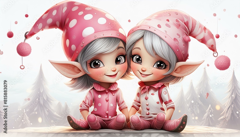 Beautiful couple of cartoon lovers elves with pink polka dot clothes ...