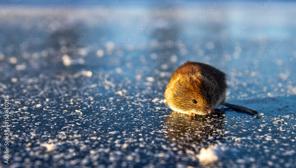 Red-backed vole (Clethrionomys glareolus) runs on ice. Mice migrations ...