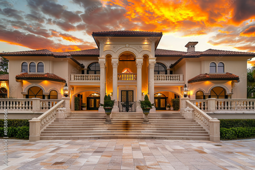 Luxury mansion exterior design in sunset amber, featuring a grand front ...